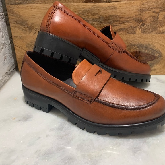 Ecco | Shoes | New Ecco Womens Modtray Penny Loafer Cognac Stacked Sole ...